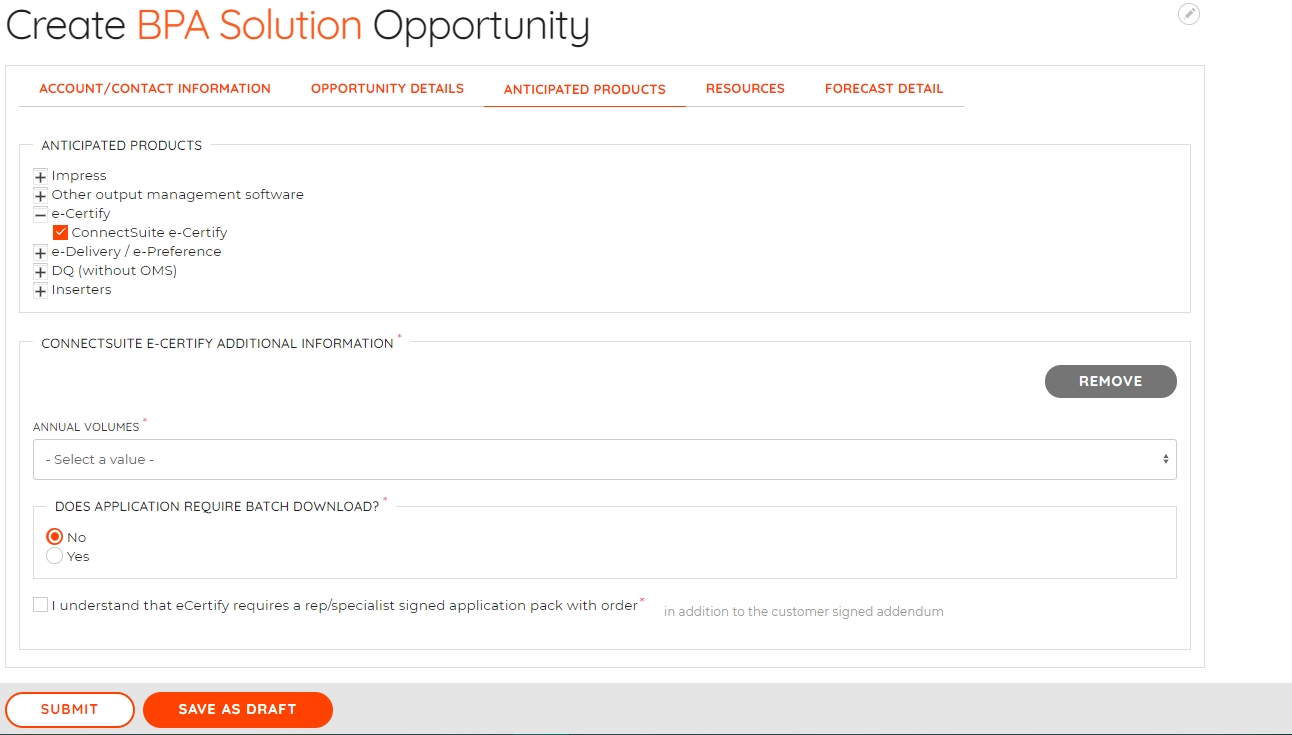 ConnectSuite E-Certified Is now a Self Service Product! | Presales Engagement Portal